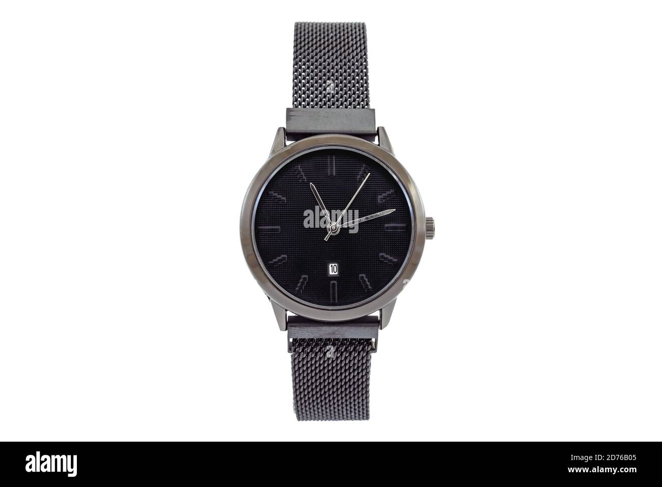 Women's round classic watch with black matte metal mesh style strap ...
