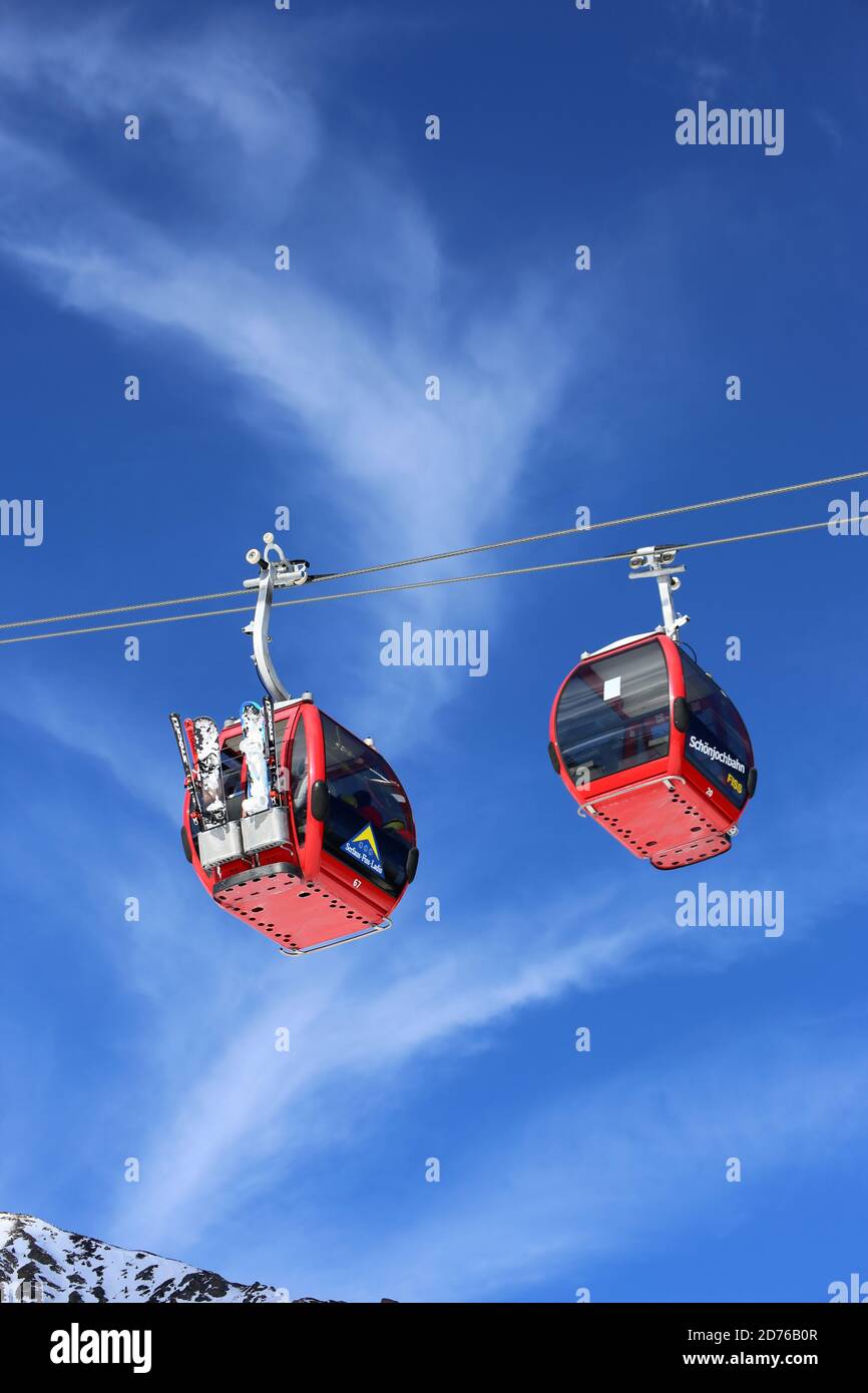 The Schoenjochbahn, gondola in the ski resort of Fiss, Austria ...