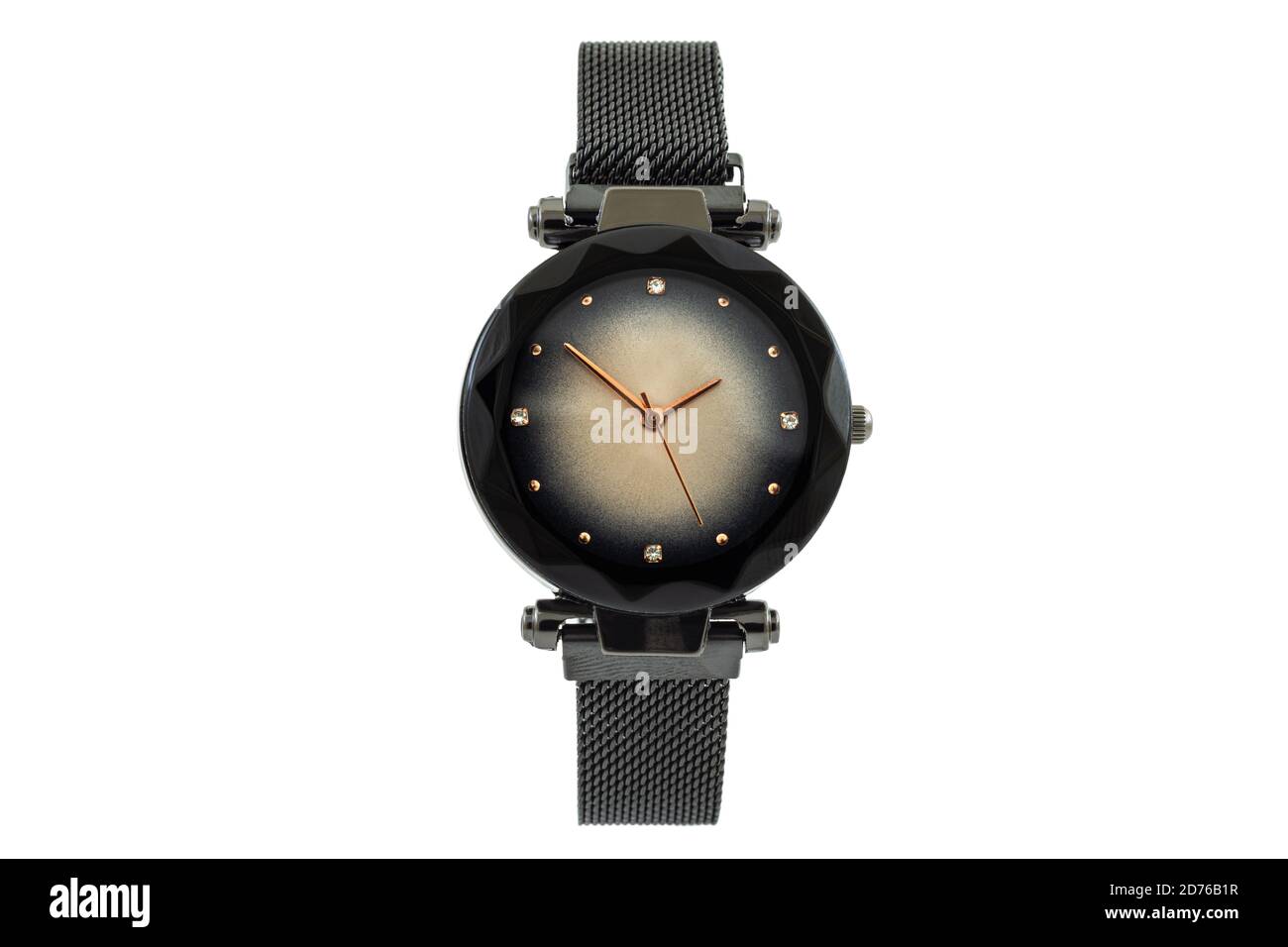 Women's round classic watch with black matte metal mesh style strap ...
