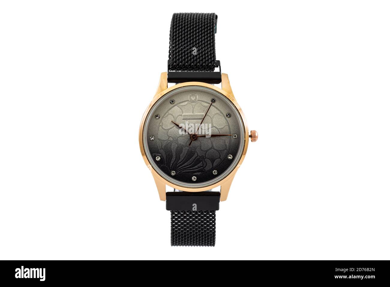 Women's round classic watch with black matte metal mesh style strap ...