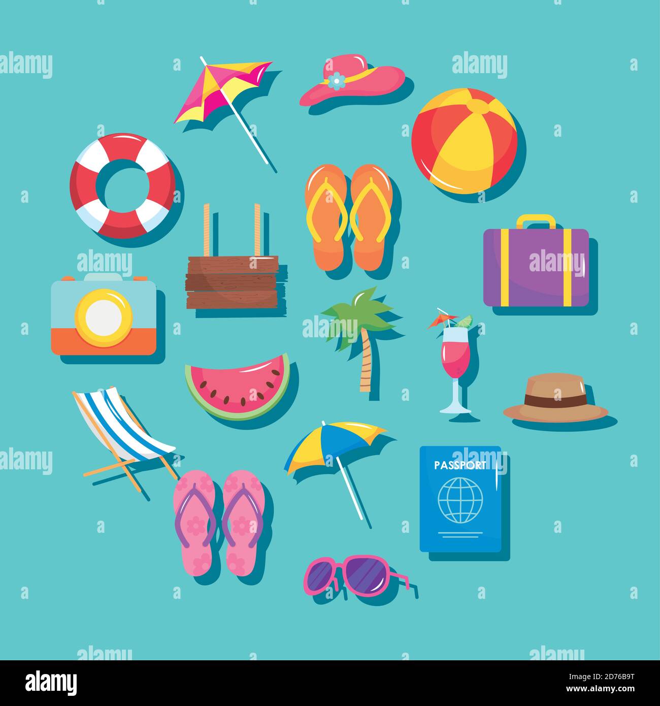 Summer Vacation Travel Set Icons Include Suitcase Palm Cocktail