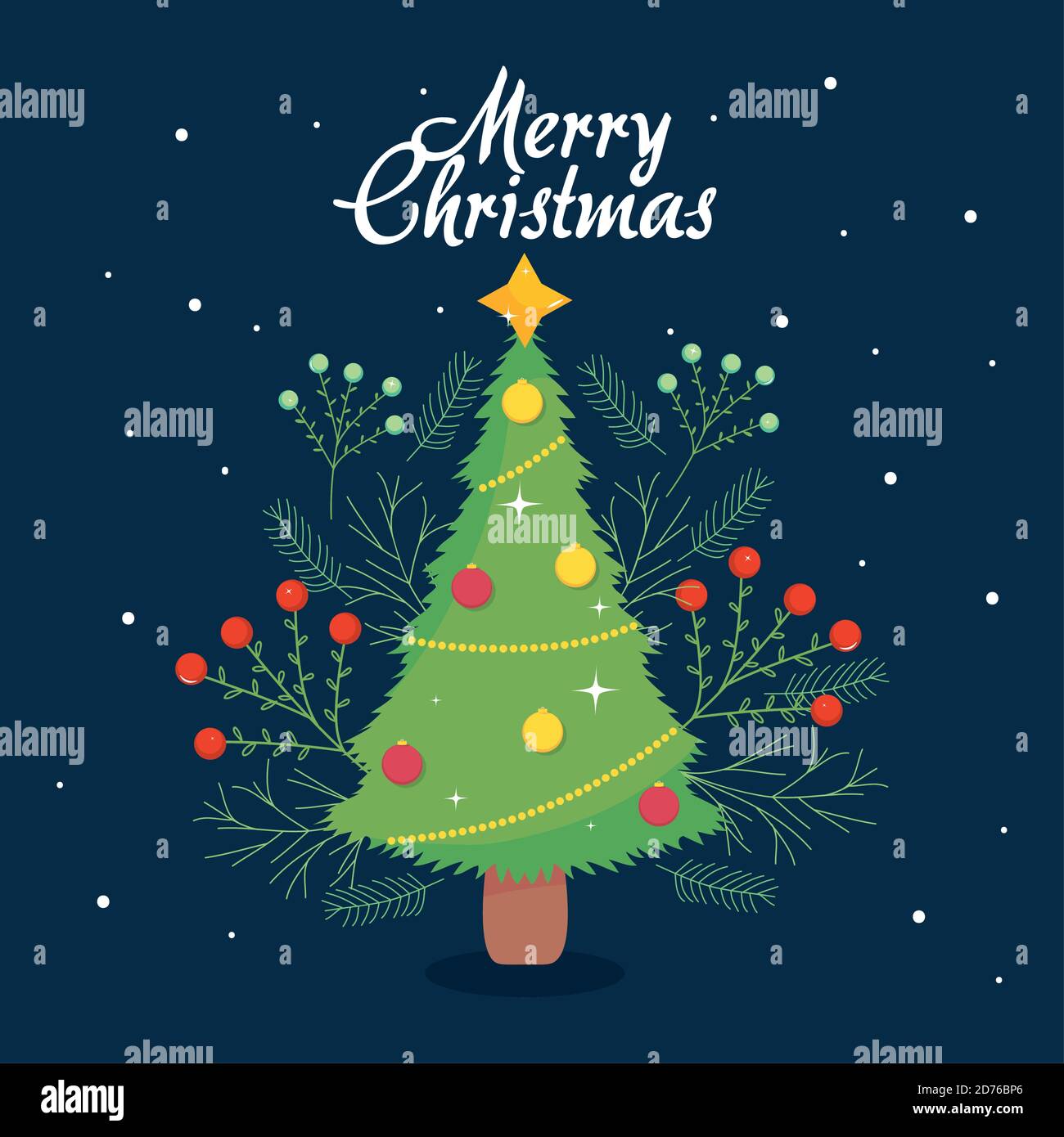 Merry christmas design with cute christmas tree and decorative branches ...