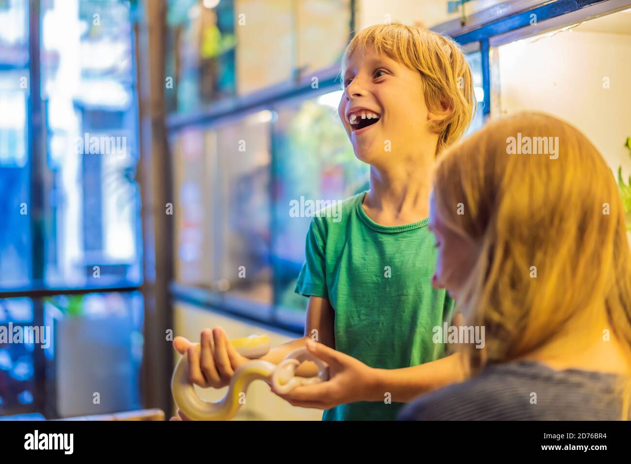Smiling boy and his mother holding python in hands Stock Photo - Alamy