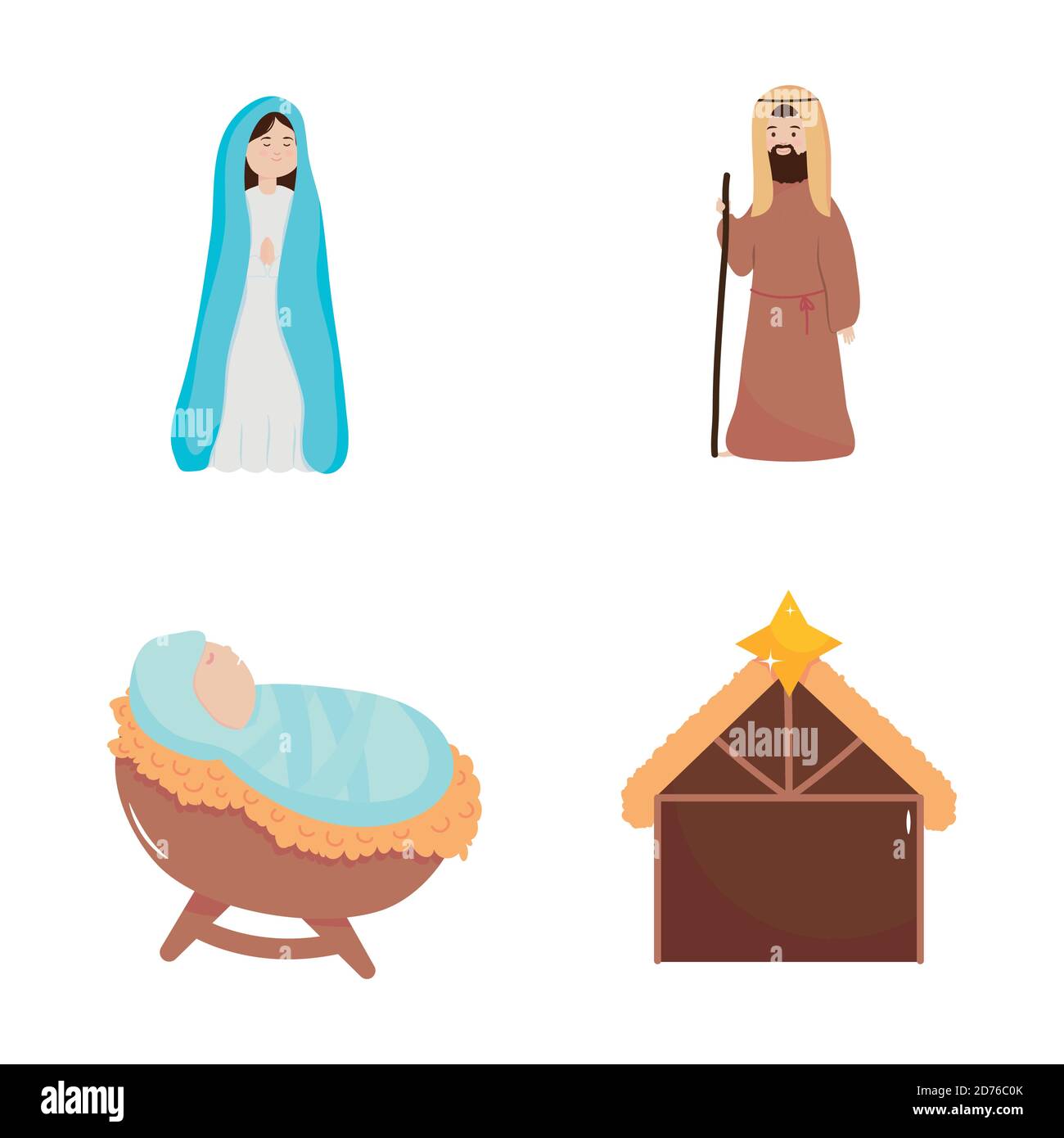 nativity, manger holy mary joseph baby jesus and hut icons vector ...