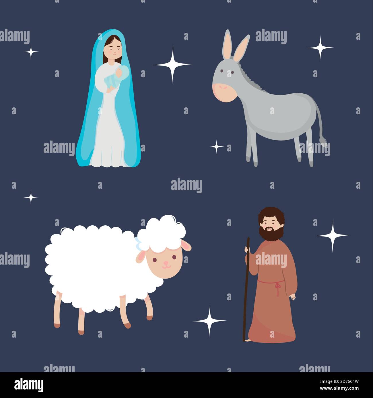 nativity, manger holy mary joseph sheep and donkey icons vector ...