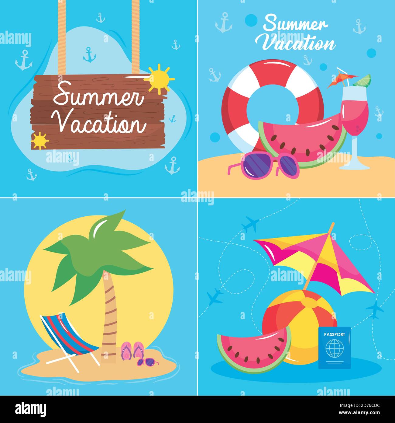 summer vacation travel, banners season vacations with float palm hat ...