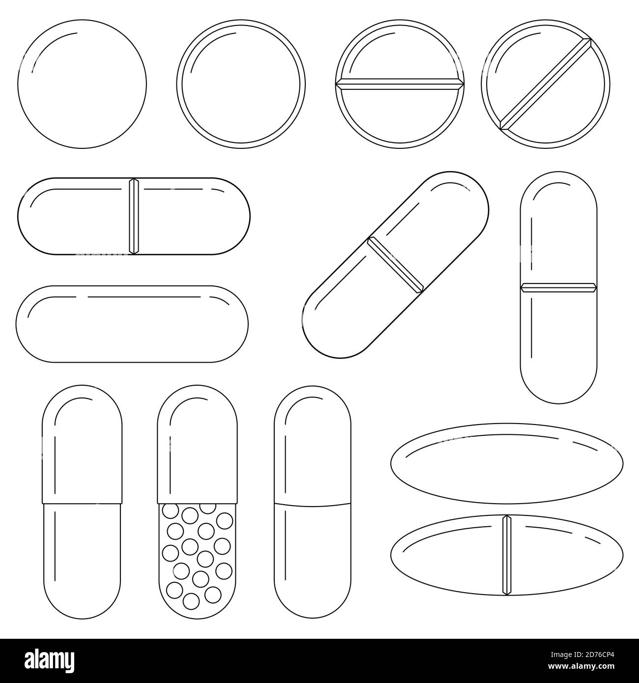 Pills and capsules line art icon set isolated on white background Stock ...