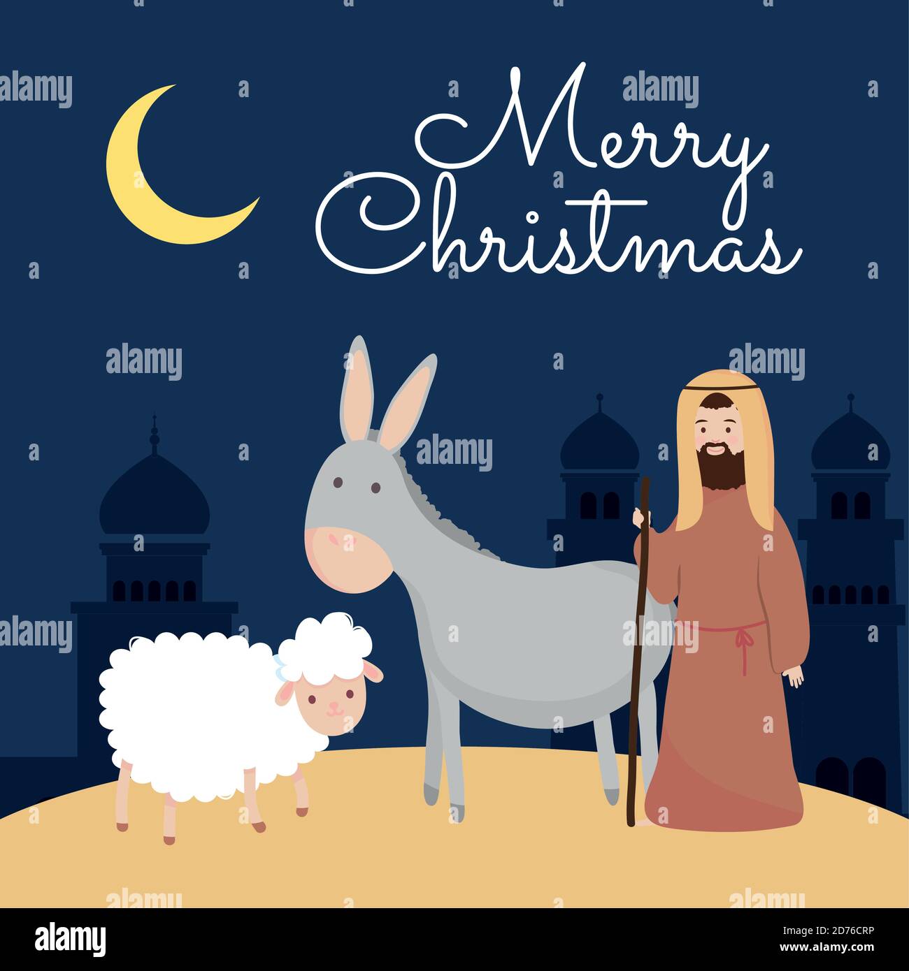 nativity, manger joseph with sheep and donkey night vector illustration ...