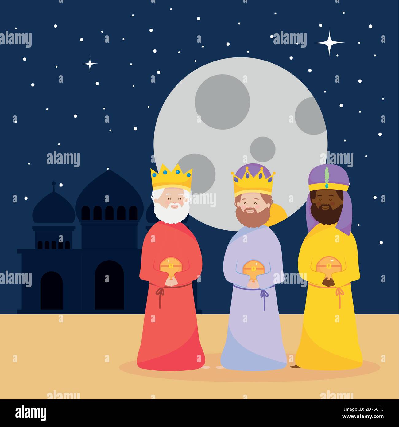 nativity, manger three wise kings with gifts in the night vector ...