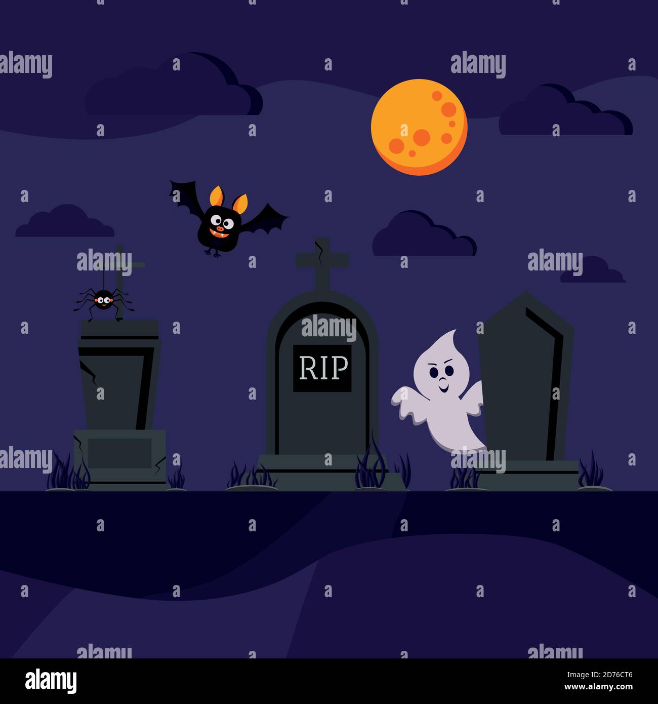 Halloween cemetery scene with bat, ghost, spider on tombstone Stock ...
