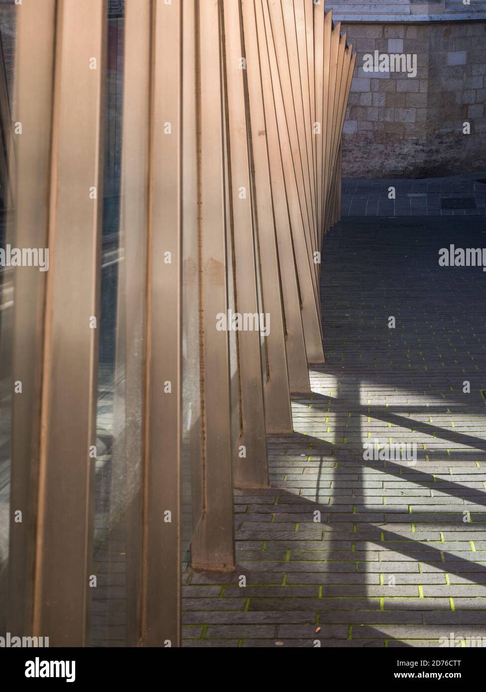 Exterior of the escalator in the Old Town lit by the sun, in Vitoria ...