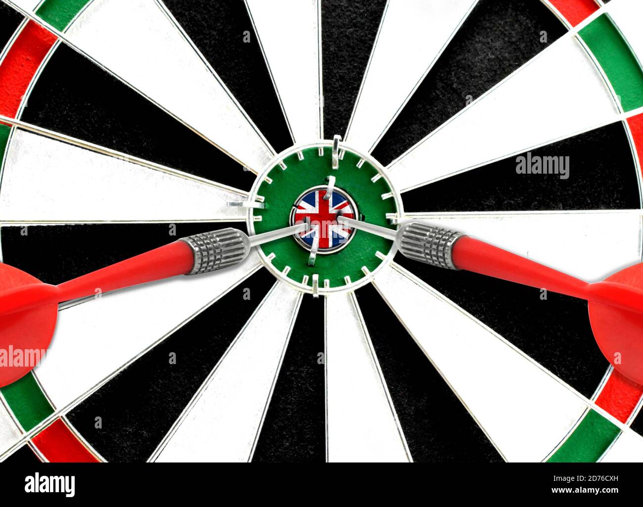 Close-up of a dart board with an imprinted flag of United Kingdom in ...