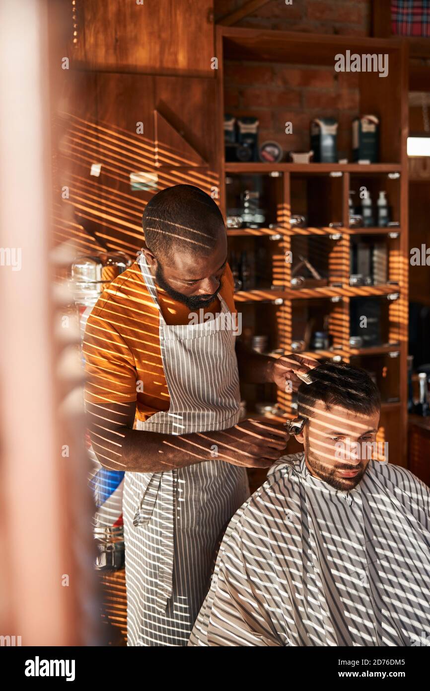 Handsome male client getting haircut in barbershop Stock Photo - Alamy