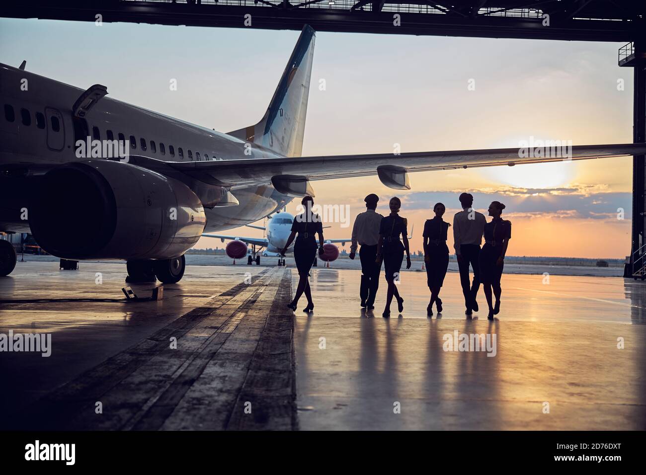 Professional pilots with stewardesses enjoying beautiful sunset at the ...