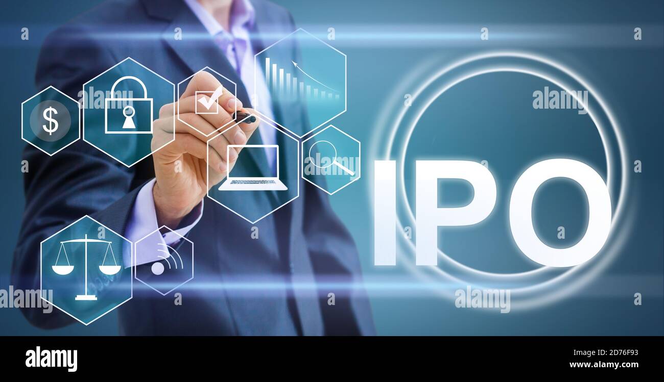 Businessman presses button ipo Initial Public Offering diagram online ...