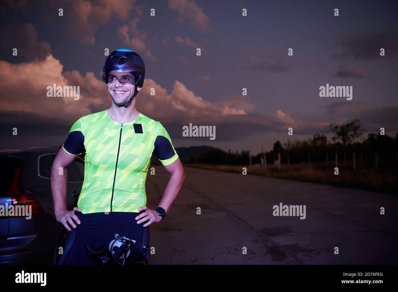 triathlon athlete portrait while resting on bike training Stock Photo ...