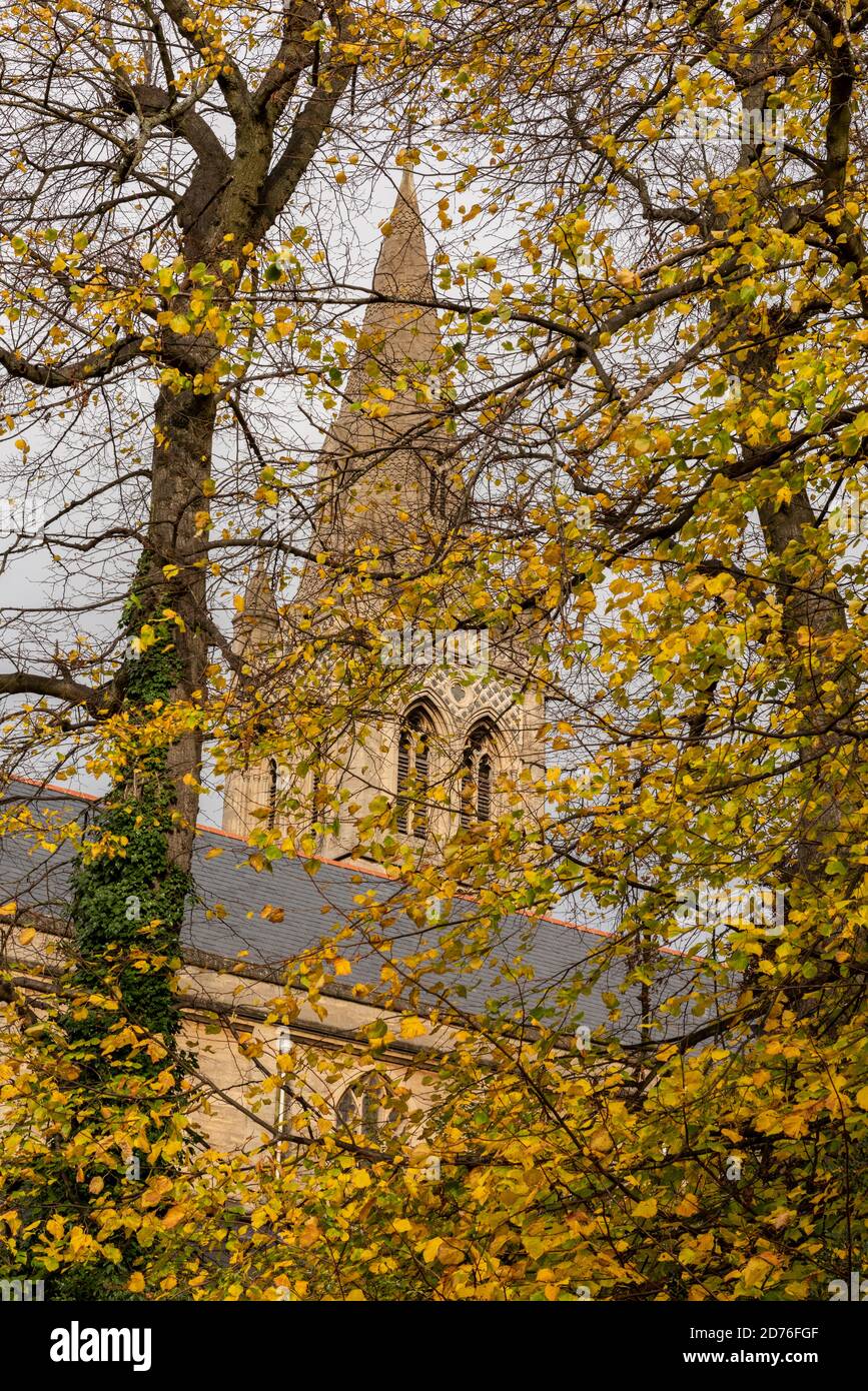 english church behind autumn foliage, autumnal leaves with church ...