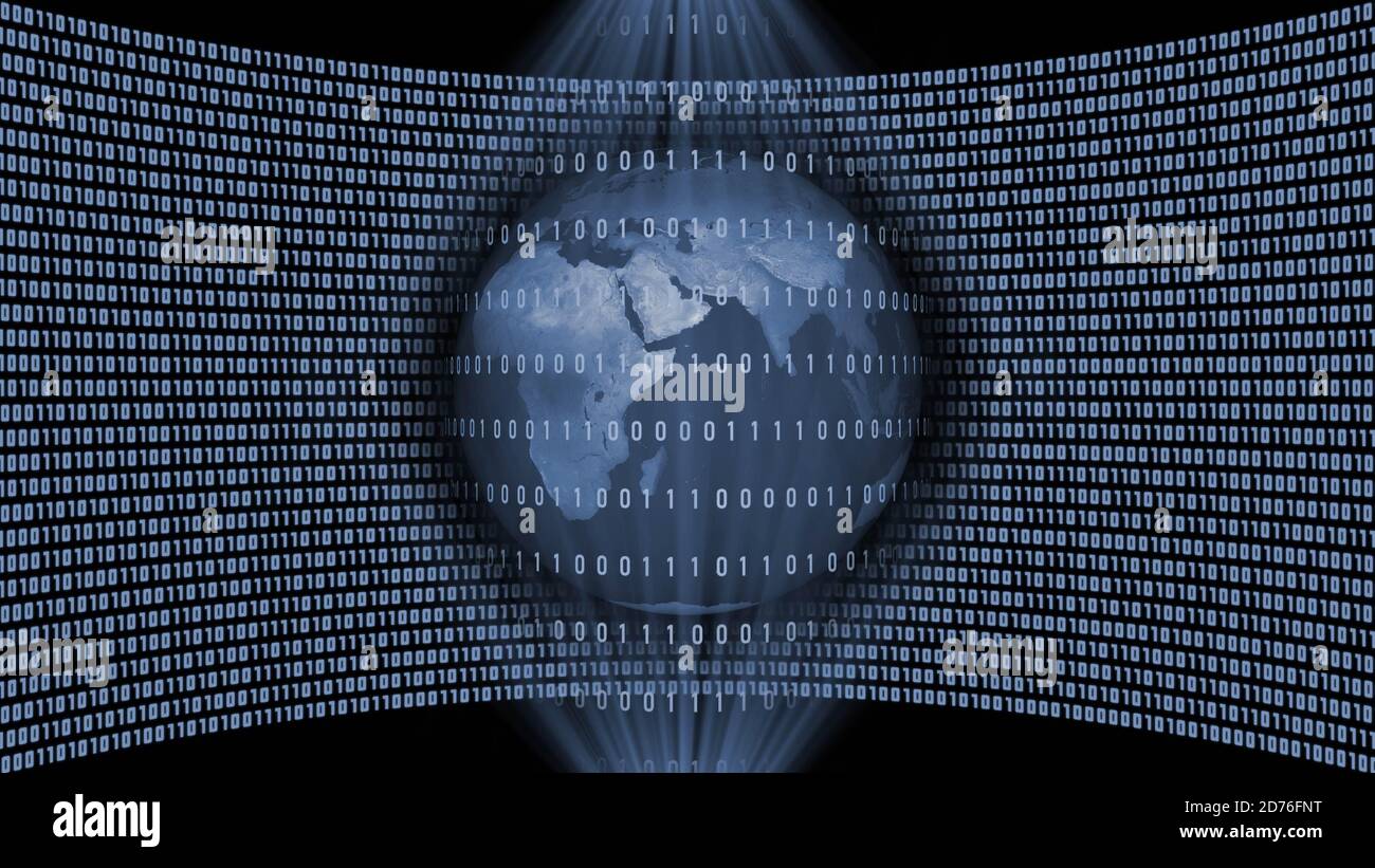 Earth globe behind lines of binary code inside a light beam in the ...