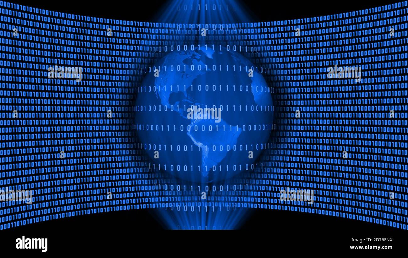 Earth globe behind lines of binary code inside a light beam in the ...