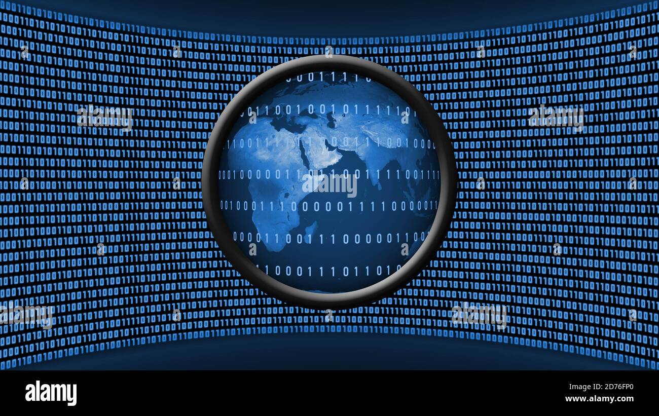 Earth globe behind lines of binary code in a magnifying lens in front ...