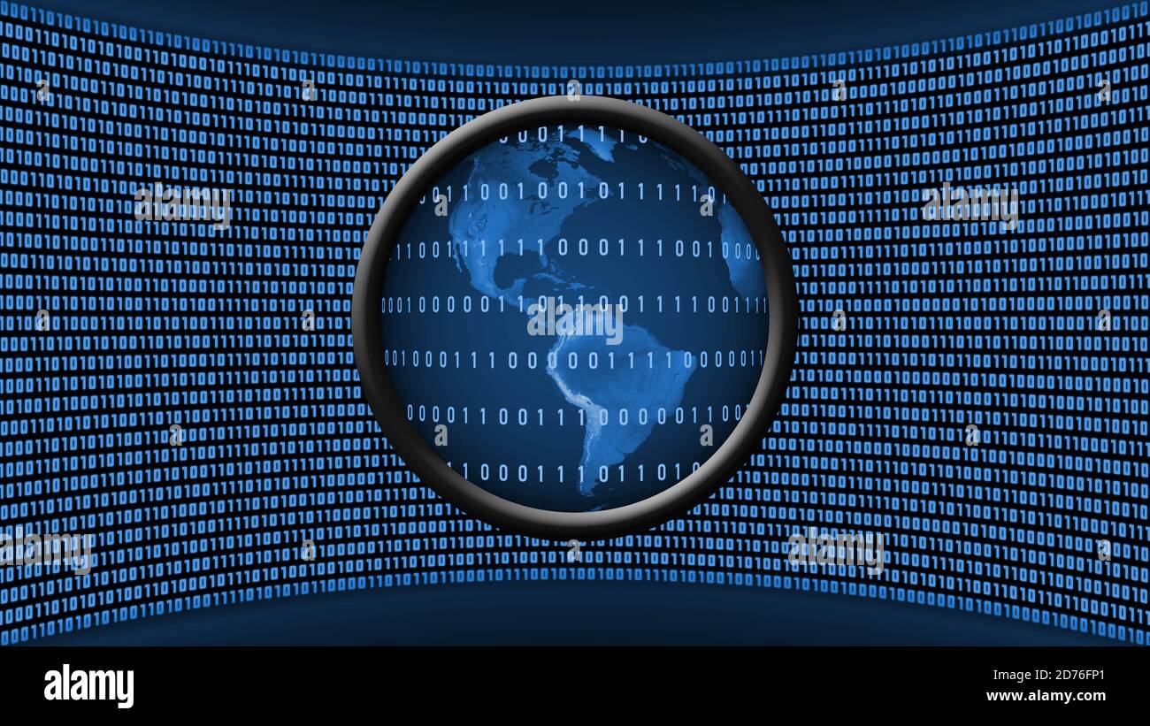 American continent behind lines of binary code in a magnifying lens in ...