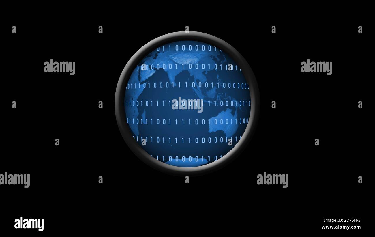 Part of the world map behind lines of binary code in a magnifying lens ...