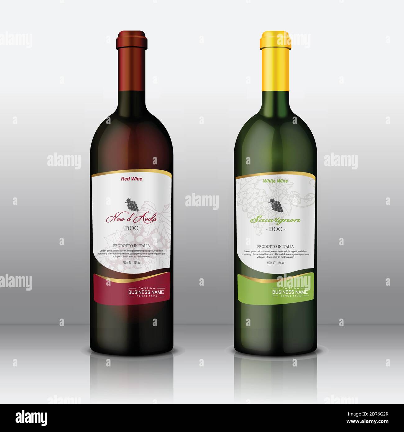 Set of Red and White Wine bottles with Premium Quality Labels Stock ...