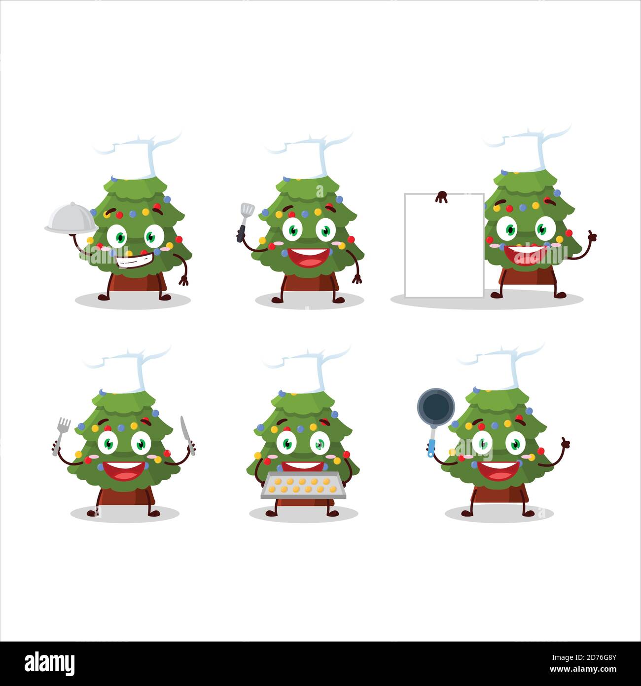 Cartoon character of green christmas tree with various chef emoticons ...
