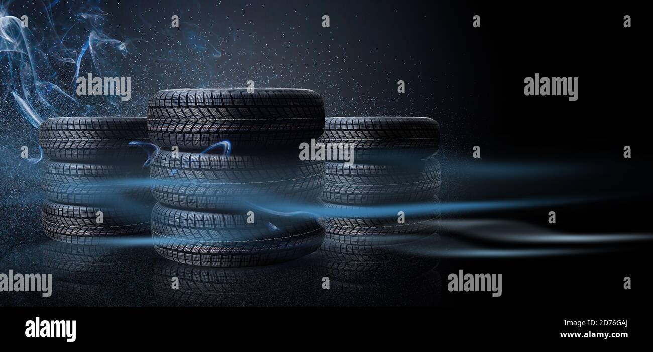 four black tires isolated on white background Stock Photo - Alamy