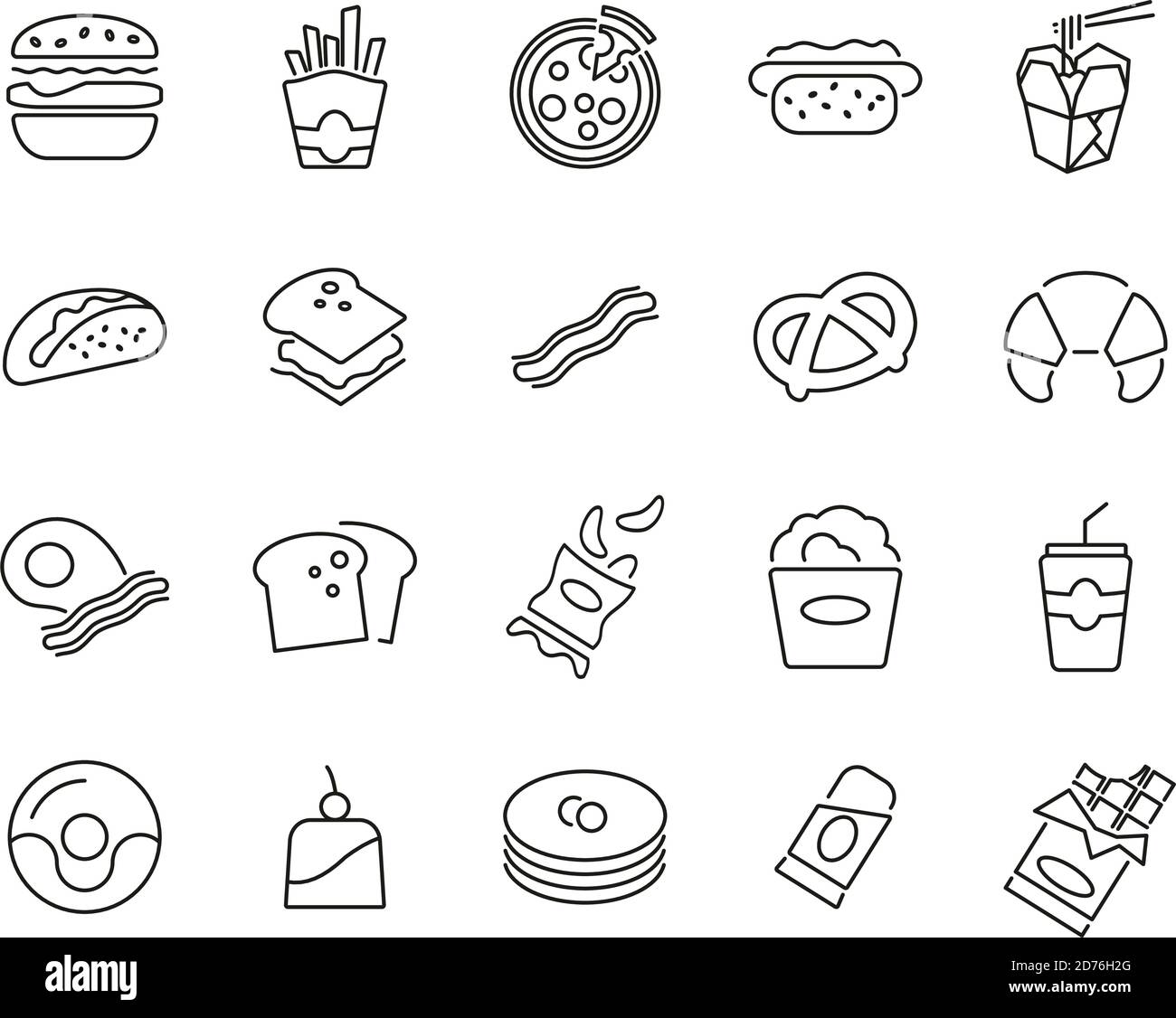 Fast Food Or Junk Food Icons Black & White Thin Line Set Big Stock ...