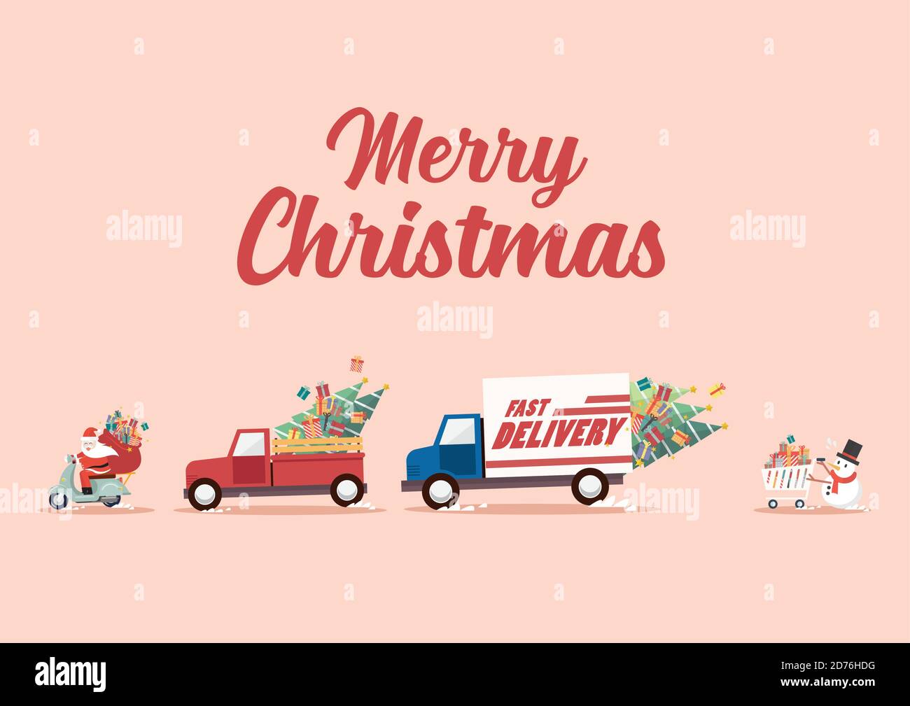 Santa claus ride a motorbike following by trucks and Snowman pushing a ...