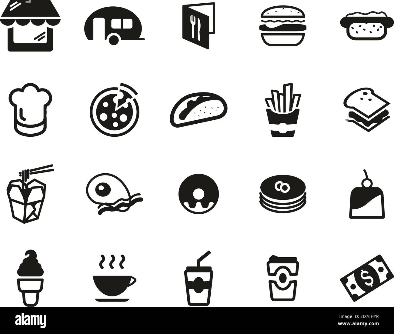 Fast Food Restaurant Or Fast Food Stand Icons Black & White Set Big ...