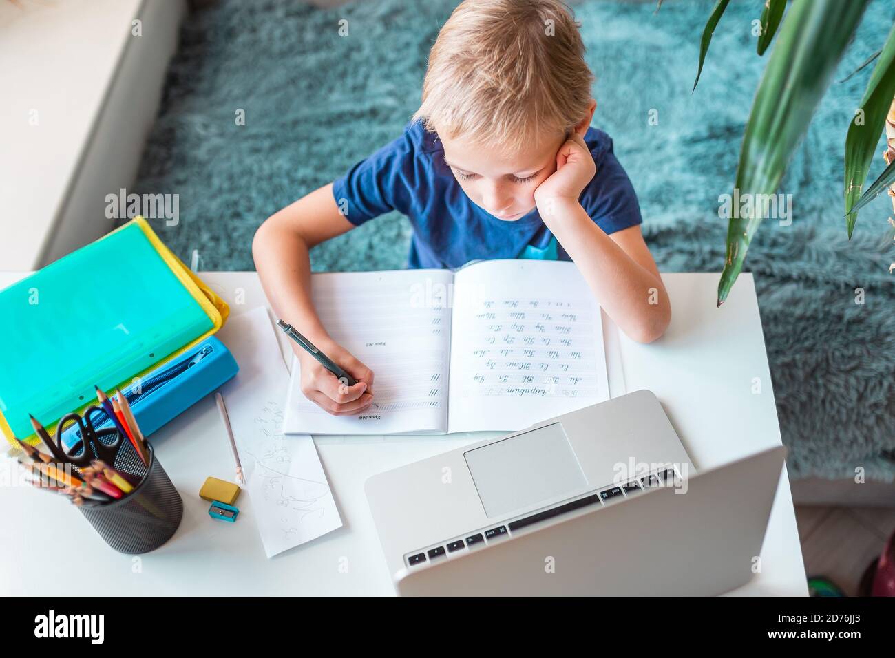 Little young school boy working at home with a laptop and class notes ...