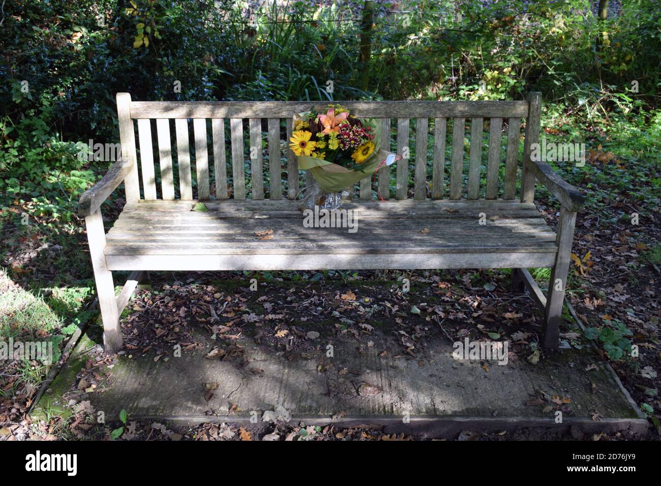 Flowers on memorial bench near Totnes, Devon UK Stock Photo - Alamy