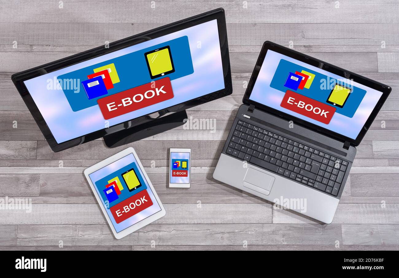 E-book concept shown on different information technology devices Stock ...