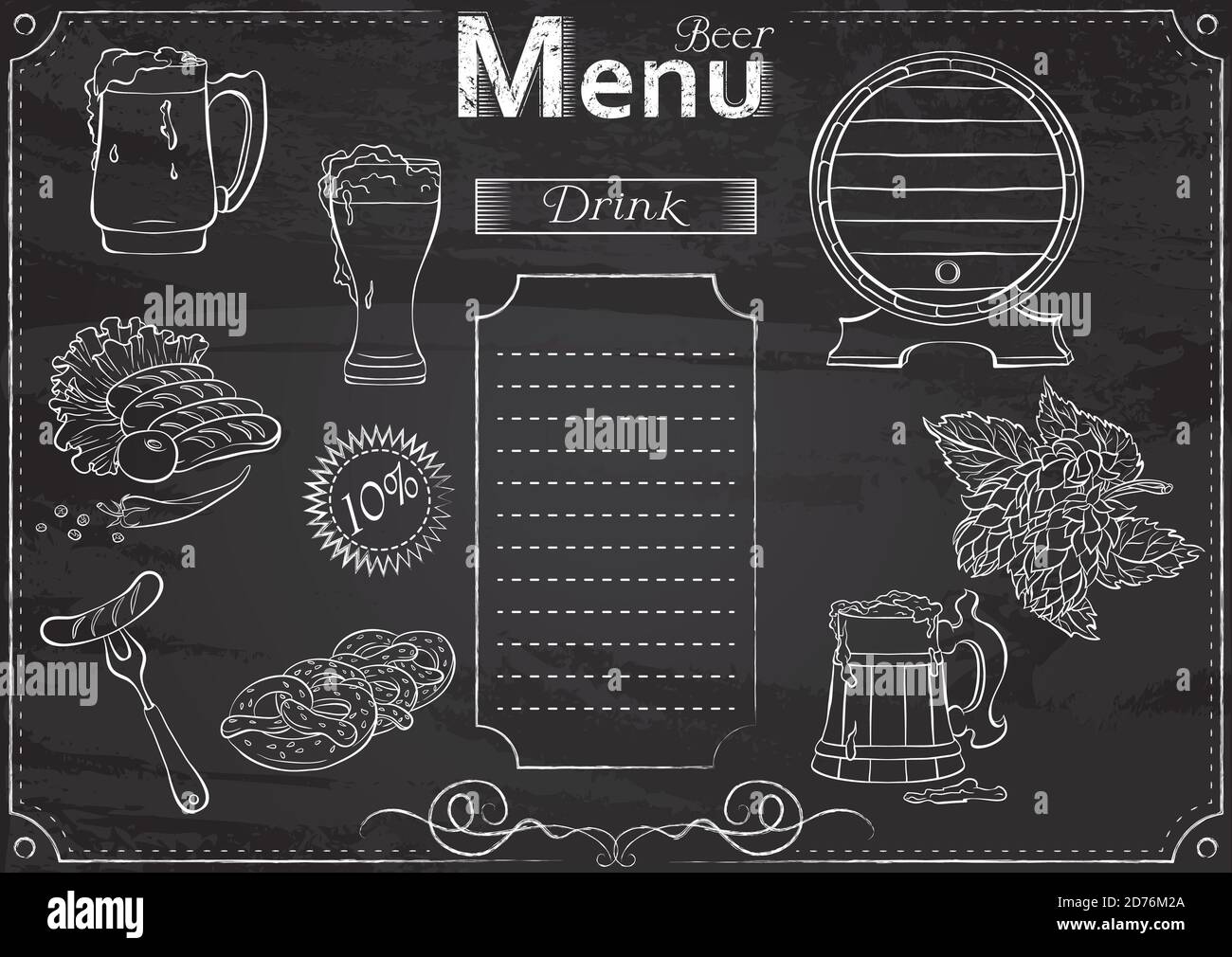 Vector template with beer elements for menu stylized as chalk drawing ...