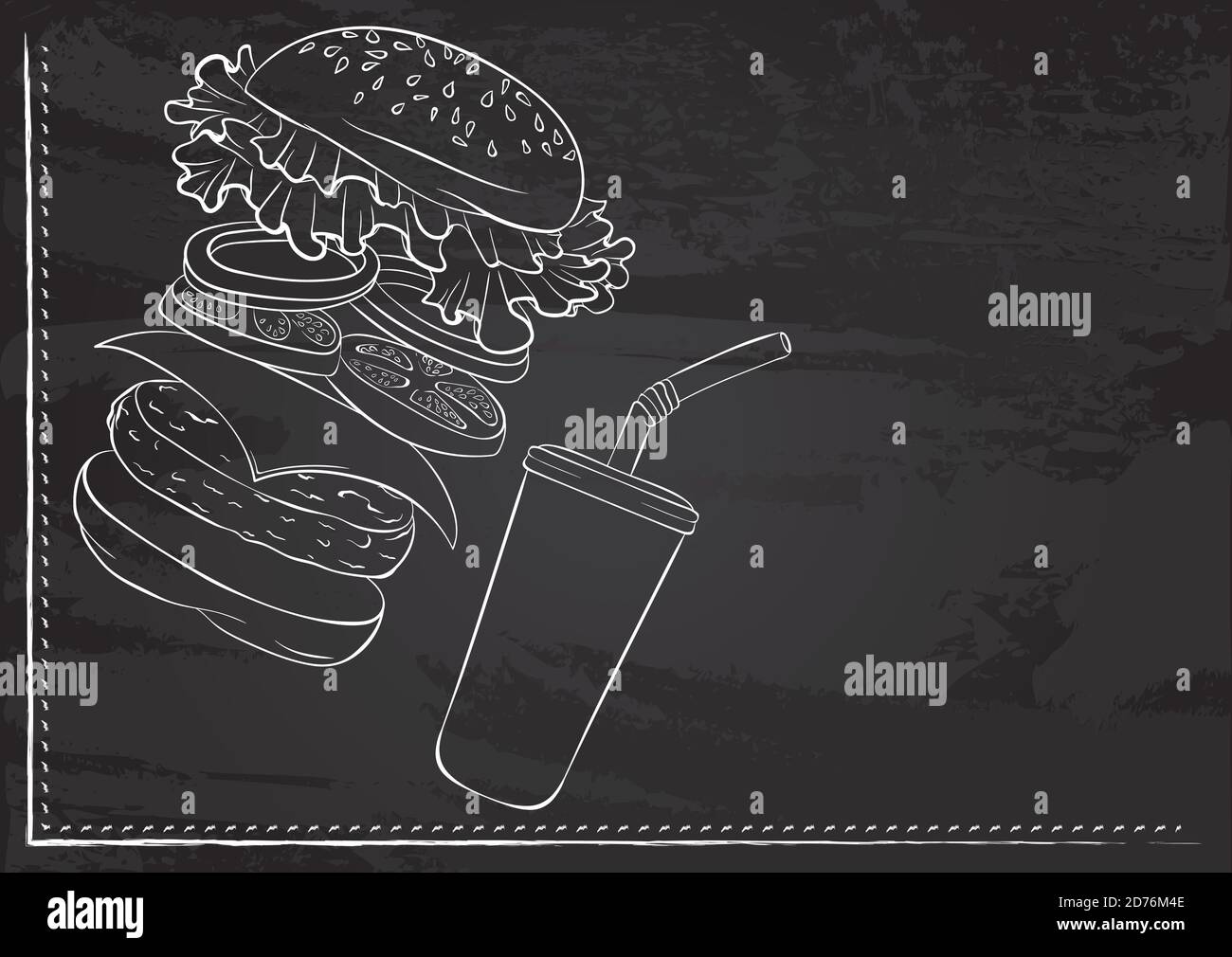 Vector template with burger elements and soda stylized as chalk drawing ...