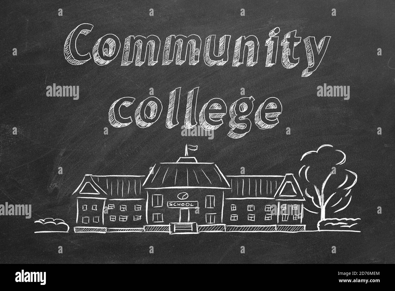 School building and lettering Community college on blackboard. Hand ...