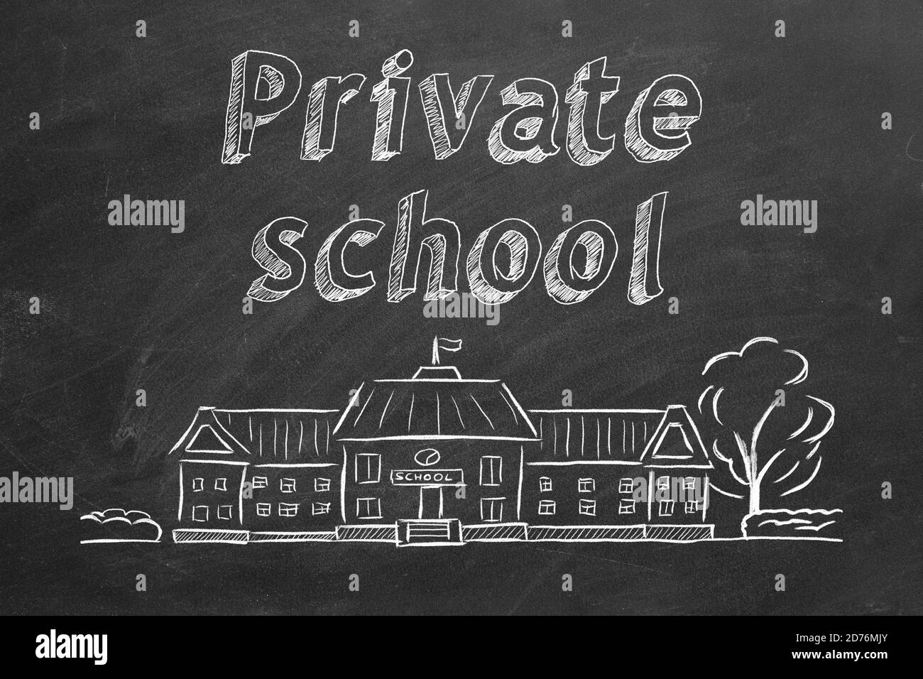 School building and lettering Private school on blackboard. Hand drawn ...