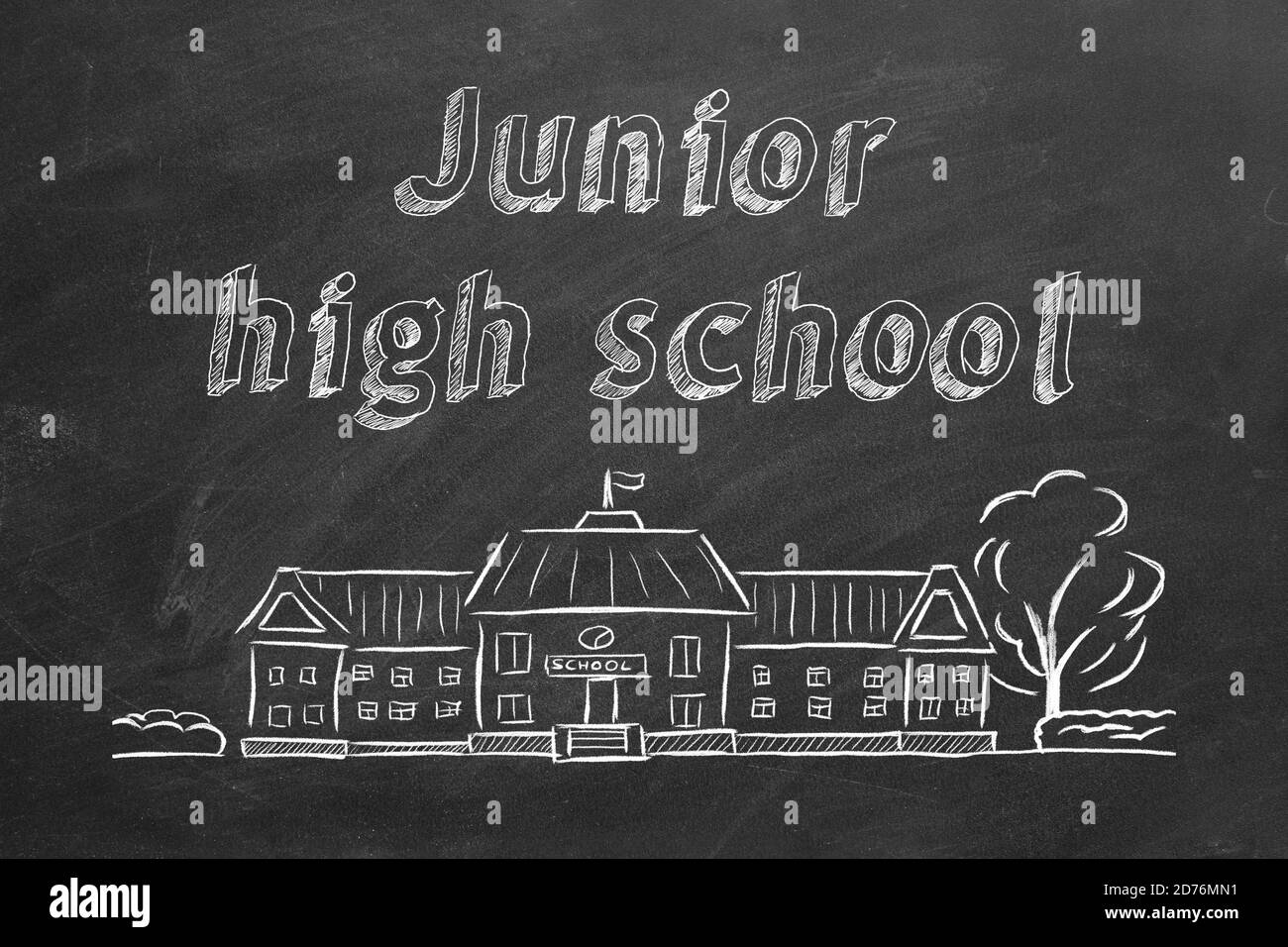 School building and lettering Junior high school on blackboard. Hand ...