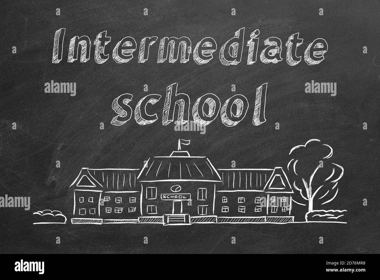 School building and lettering Intermediate school on blackboard. Hand ...