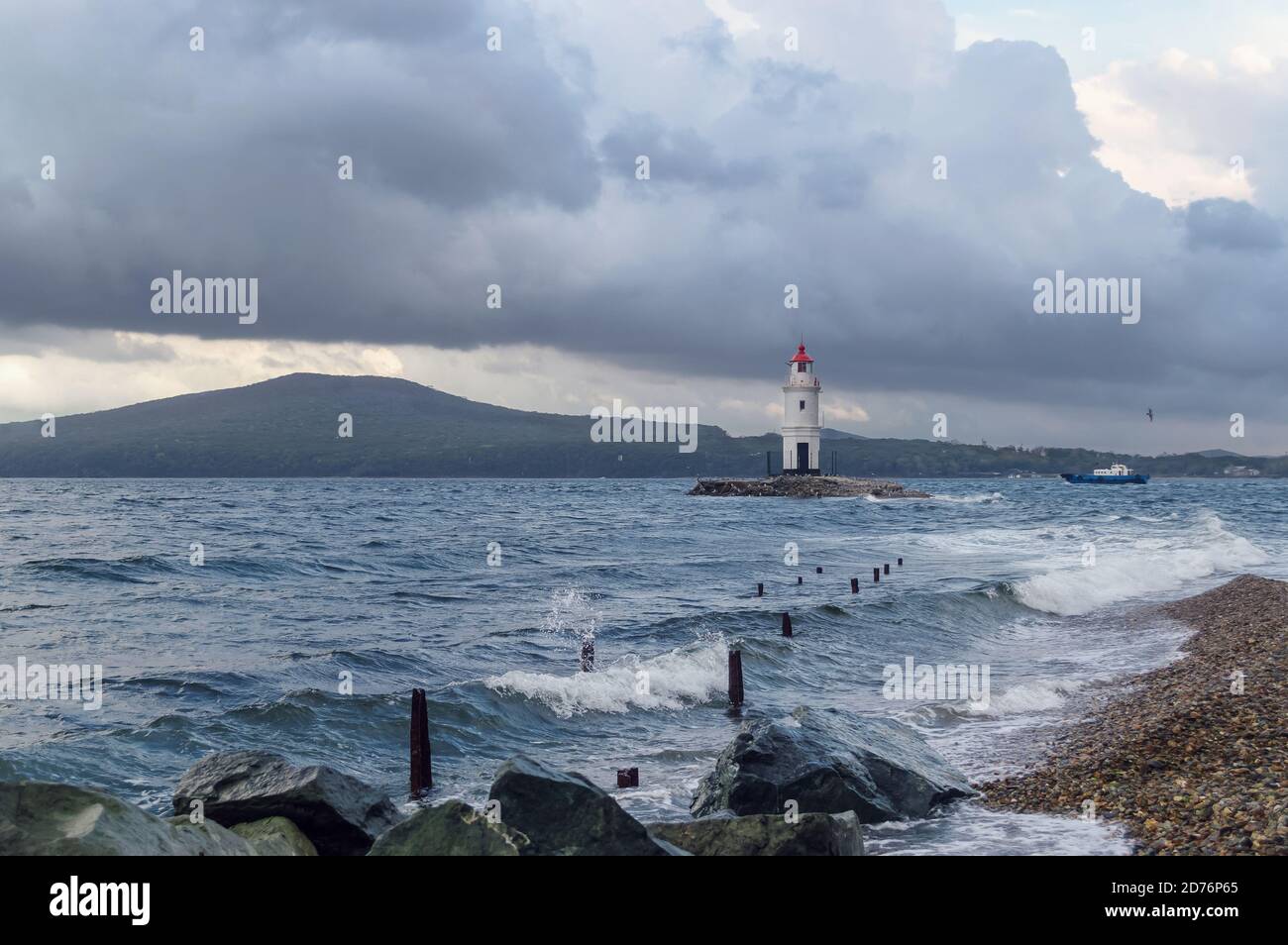 Landscape of Lighthouse Tokarevskaya cat with Russkiy island and ...