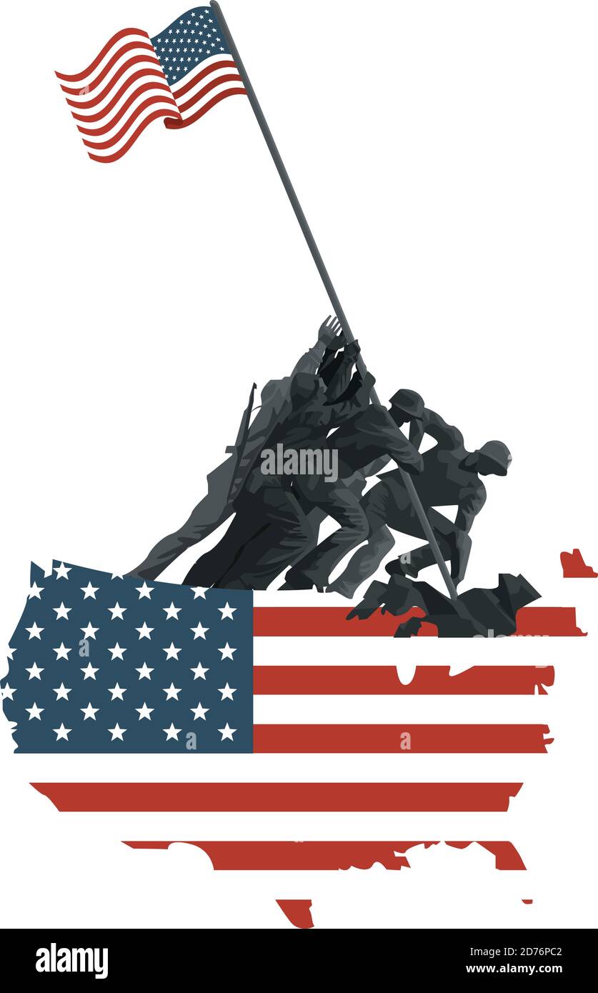 soldiers lifting united states of america flag in map vector ...