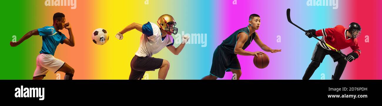 Sport collage of professional athletes on gradient multicolored neoned ...