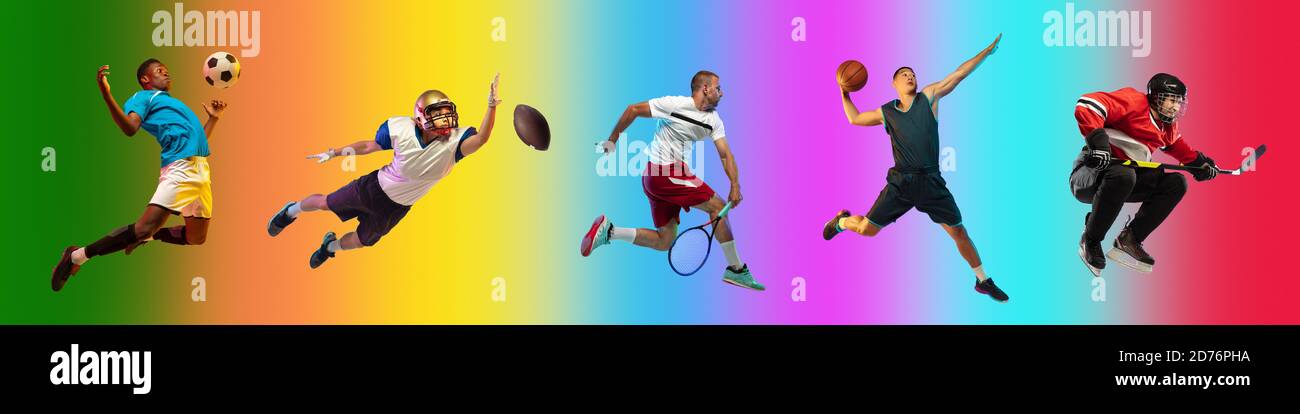High jump. Sport collage of professional athletes on gradient ...