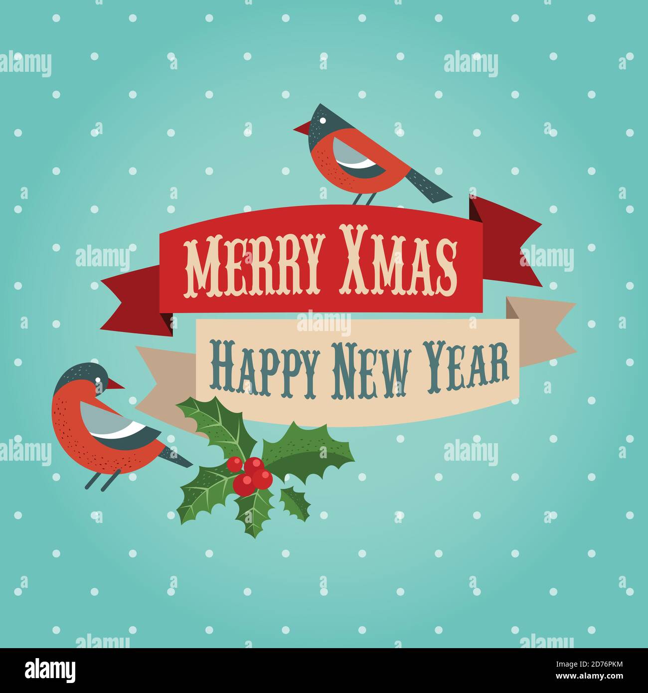 Merry Christmas and Happy New Year template with robin and mistletoe on ...