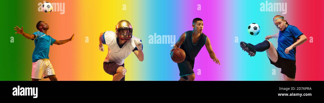 Energy. Sport collage of professional athletes on gradient multicolored ...