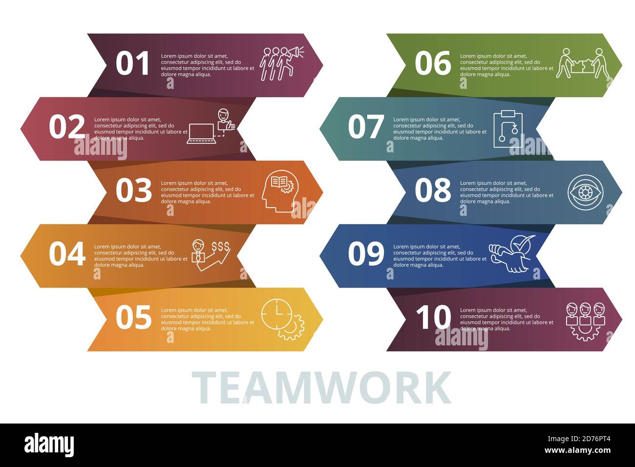 Infographic Teamwork template. Icons in different colors. Include ...