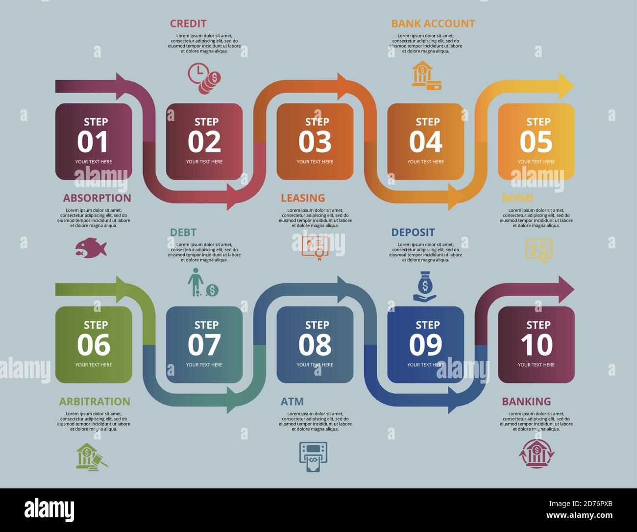 Infographic Banking template. Icons in different colors. Include ...