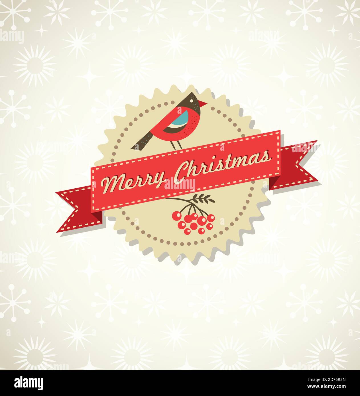 Merry Christmas and Happy New Year label with robin and red ribbon ...